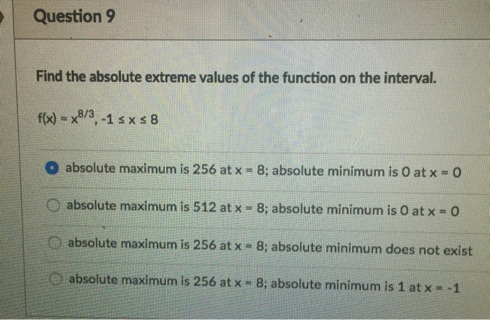 Solved Find the absolute extreme values of the function on | Chegg.com