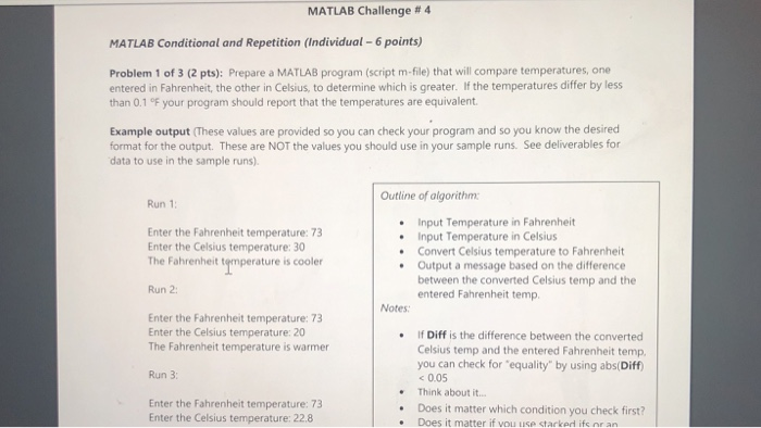MATLAB Challenge # 4 MATLAB Conditional and | Chegg.com