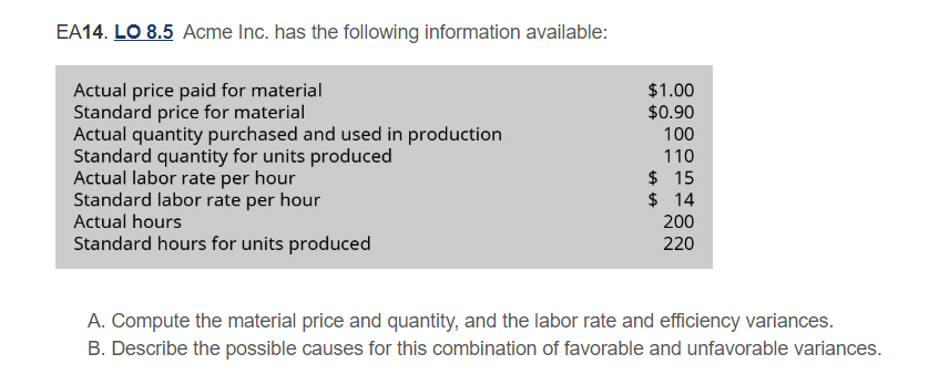 Solved EA14. LO 8.5 Acme Inc. has the following information | Chegg.com