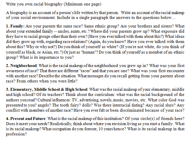 Solved Write you own racial biography (Minimum one page) A | Chegg.com