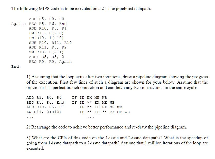 The following MIPS code is to be executed on a | Chegg.com
