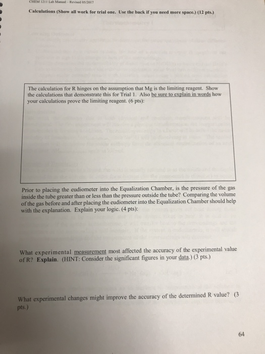 Solved CHEM 1211 Lab Manual- Revised 052017 Ideal Gas Law, | Chegg.com