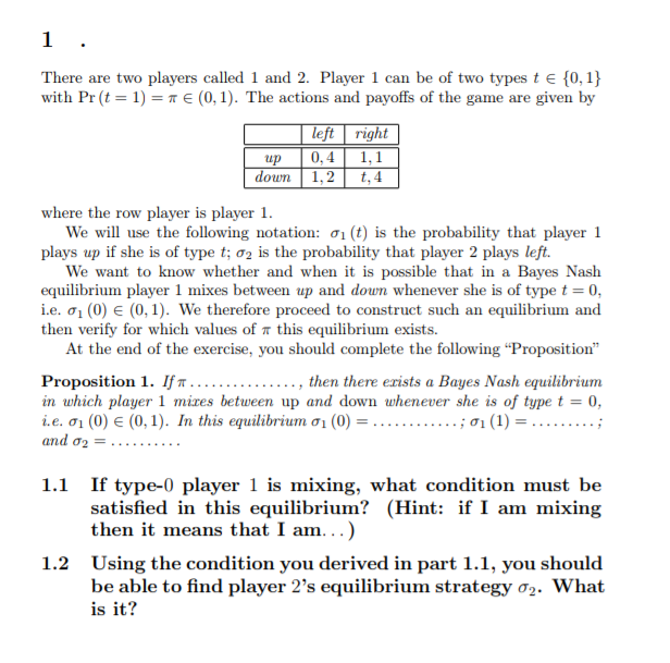 Solved There are two players called 1 and 2. Player 1 can be | Chegg.com
