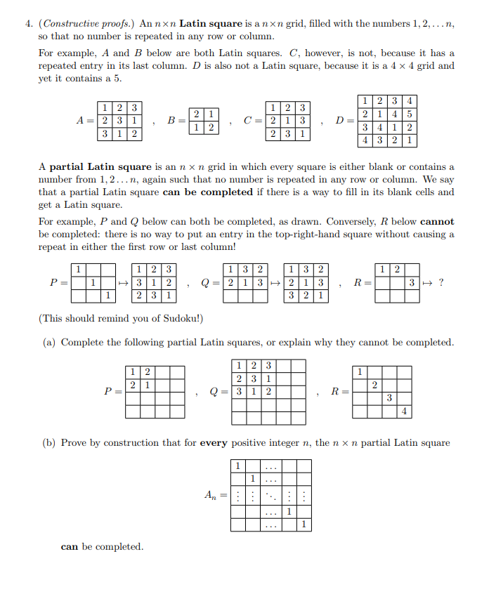 4. (Constructive proofs.) An nxn Latin square is anxn | Chegg.com