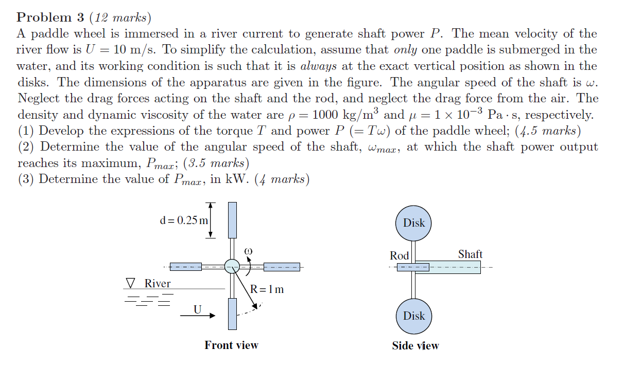Solved Problem 3 (12 marks) A paddle wheel is immersed in a | Chegg.com