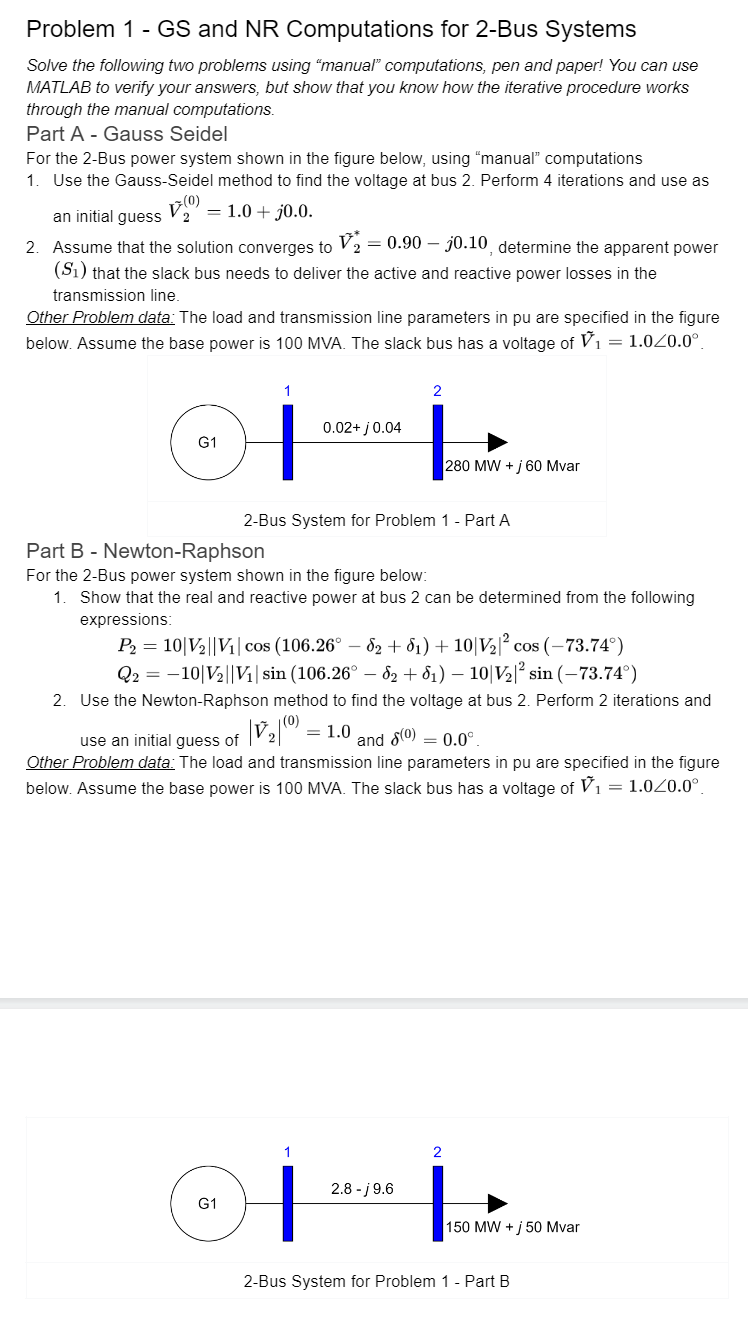 Problem 1 - GS and NR Computations for 2-Bus Systems | Chegg.com