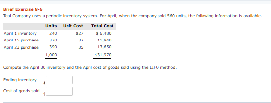 Solved Brief Exercise 8-6 Teal Company uses a periodic | Chegg.com Solved Brief Exercise 8-6 Teal Company uses a periodic | Chegg.com