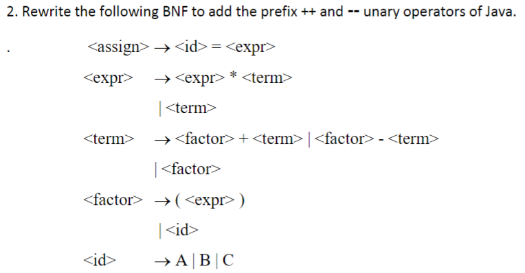 Solved Rewrite the following BNF to add the prefix ++ and −− | Chegg.com