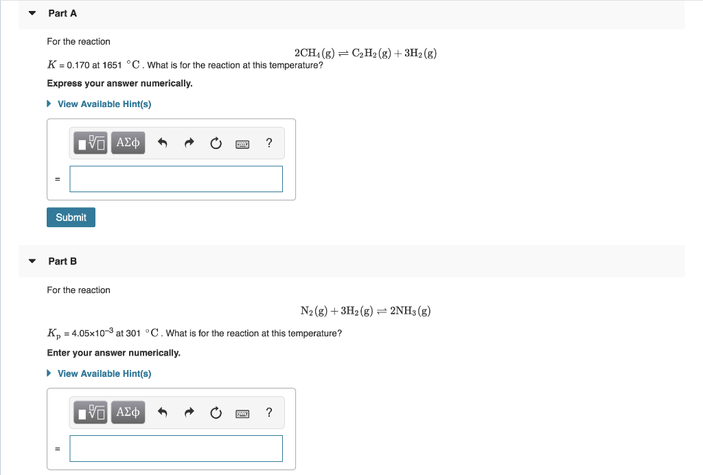 Solved Part A For the reaction 2CH(g)C2H2()+3H2() K-0.170 at | Chegg.com