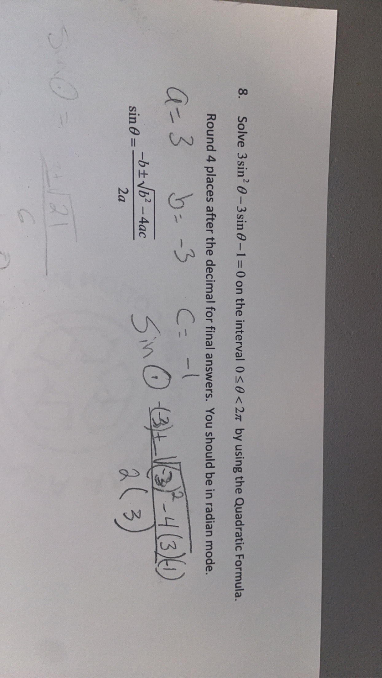 Solved 3sin^(2)\theta -3sin\theta -1=0 on the interval | Chegg.com