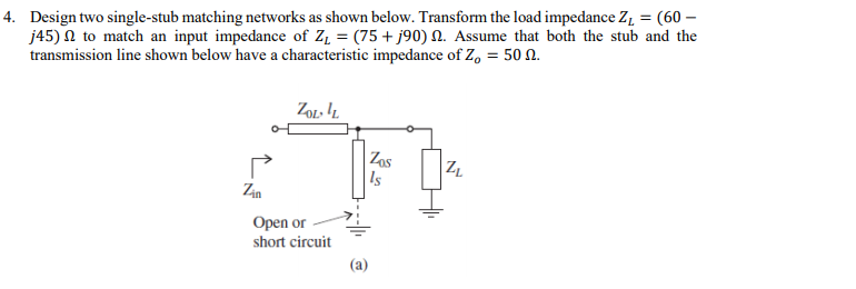 Solved 4. Design two single-stub matching networks as shown | Chegg.com