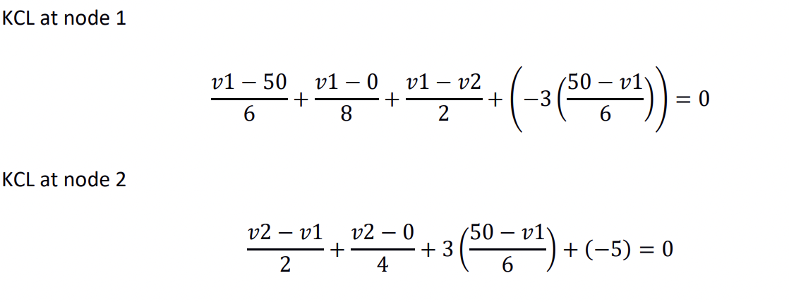 Solved KCL ﻿at node 1v1-506+v1-08+v1-v22+(-3(50-v16))=0KCL | Chegg.com