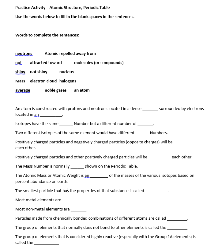 Solved Practice Activity-Atomic Structure, Periodic Table | Chegg.com
