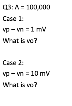 Solved Q3: A = 100,000 Case 1: vp - vn = 1 mV What is vo? | Chegg.com