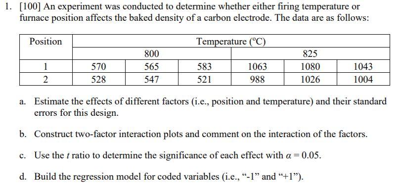 Solved 1. [100] An experiment was conducted to determine | Chegg.com
