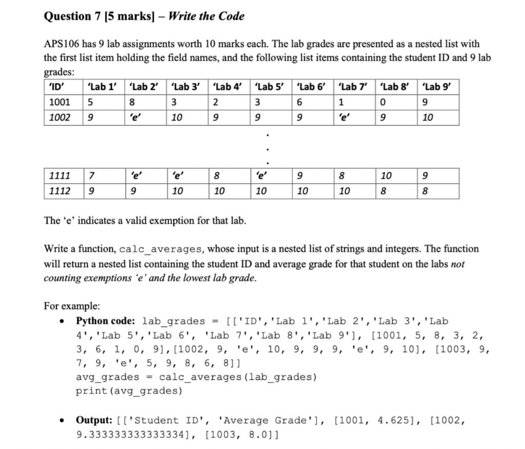 Solved Question 7 (5 marks] – Write the Code APS106 has 9 | Chegg.com