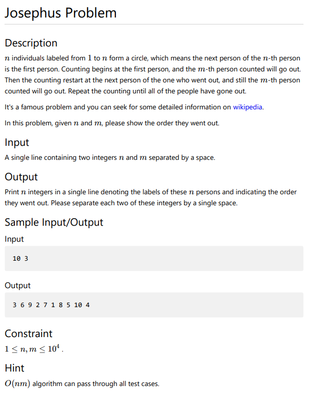 Solved Josephus Problem Description n individuals labeled | Chegg.com