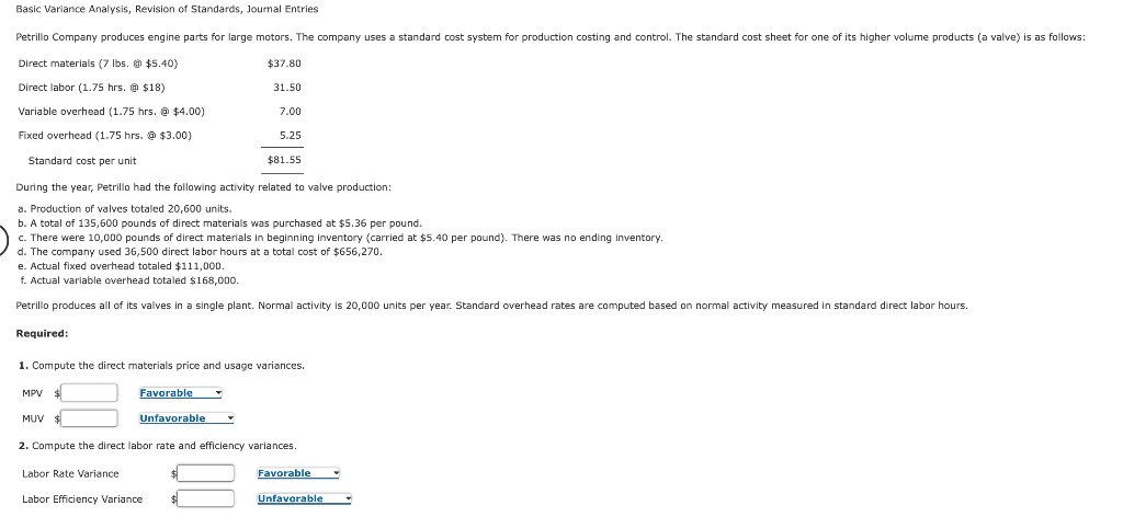 Solved Basic Variance Analysis Revision Of Standards 1352