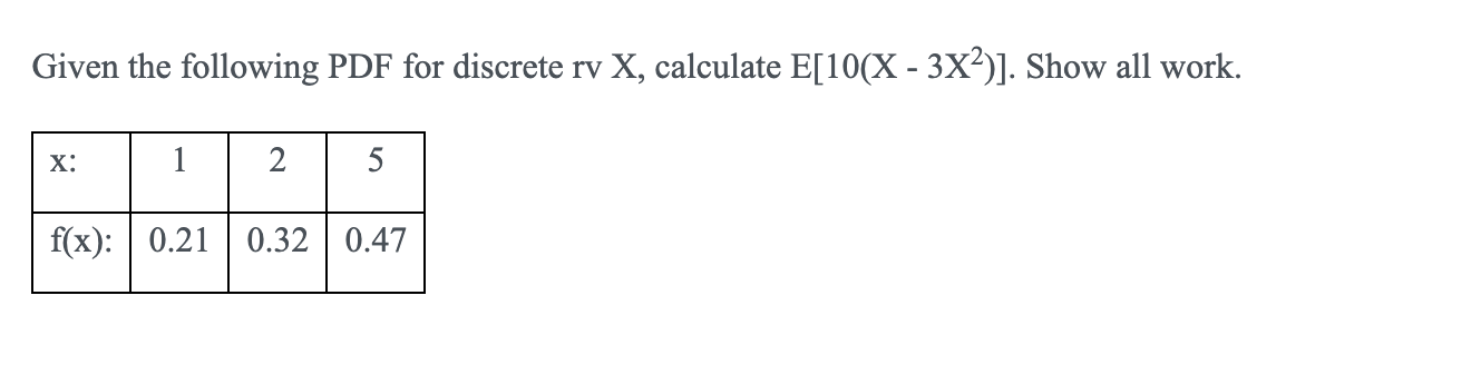 Solved Given the following PDF for discrete rv X, calculate | Chegg.com