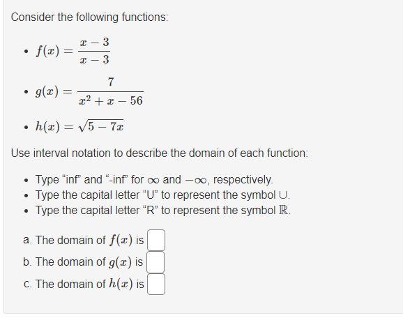 Solved Consider the following functions: • f(x) 3 - 8 3 - 8 | Chegg.com