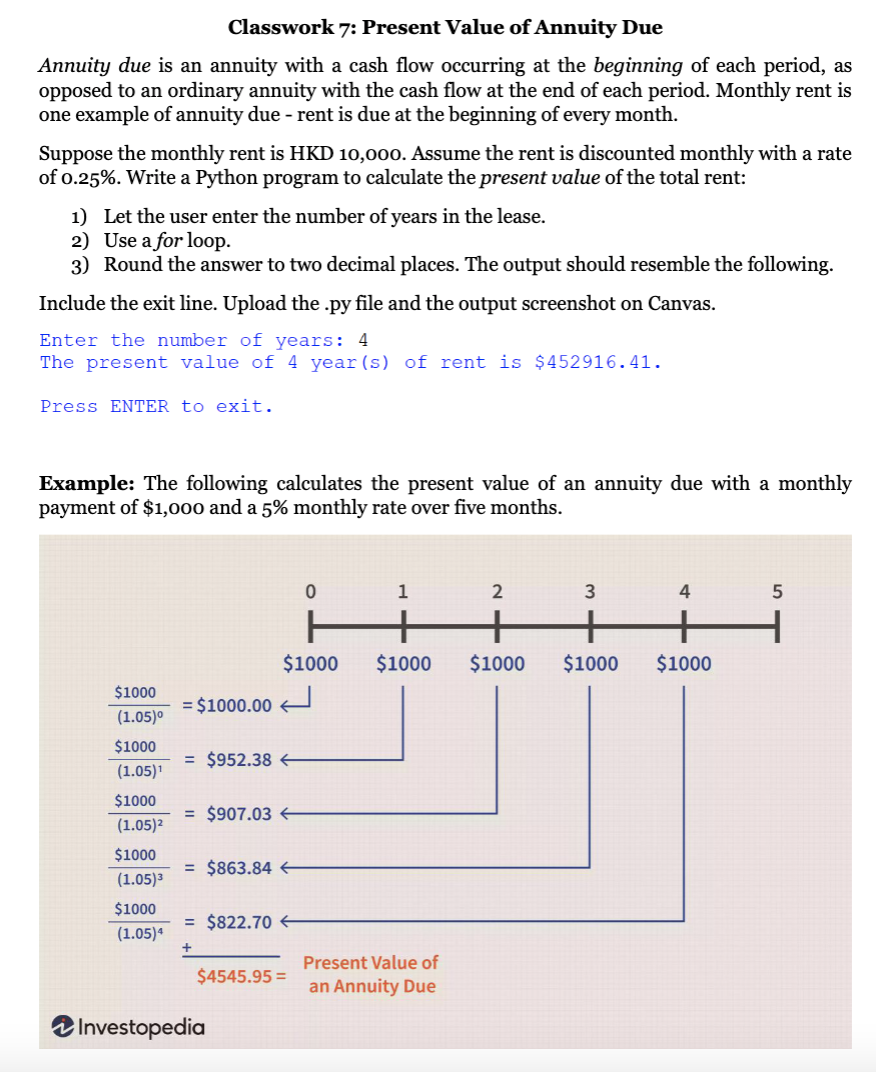 Solved Classwork 7: Present Value of Annuity Due Annuity due | Chegg.com