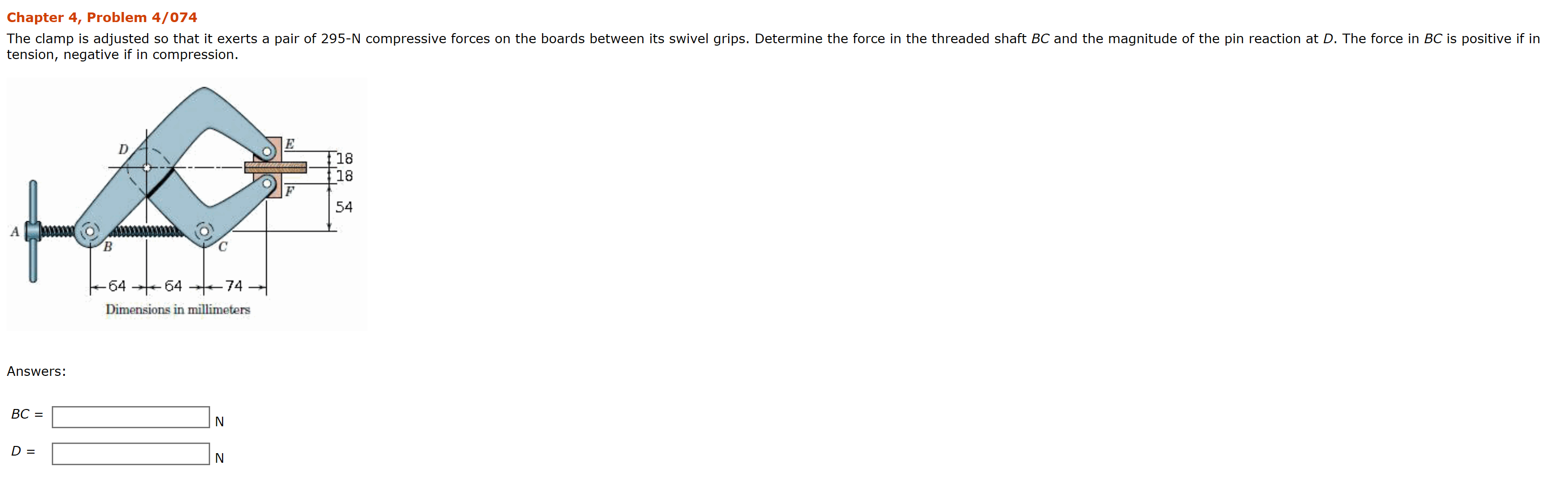 Solved Chapter 4, Problem 4/074 The clamp is adjusted so | Chegg.com