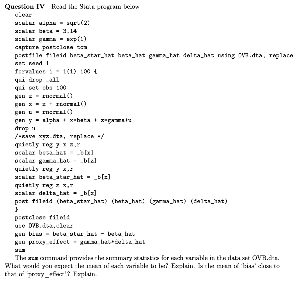 Question IV Read the Stata program below clear scalar | Chegg.com