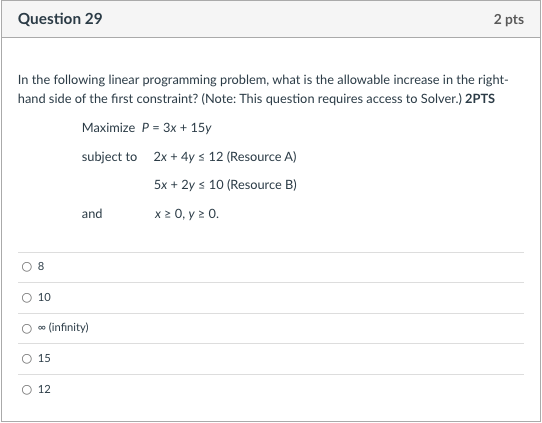 Solved Question 29 2 pts In the following linear programming | Chegg.com