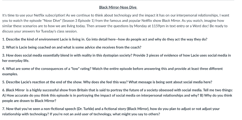 Solved Black Mirror-Nose Dive It's time to use your Netflix | Chegg.com