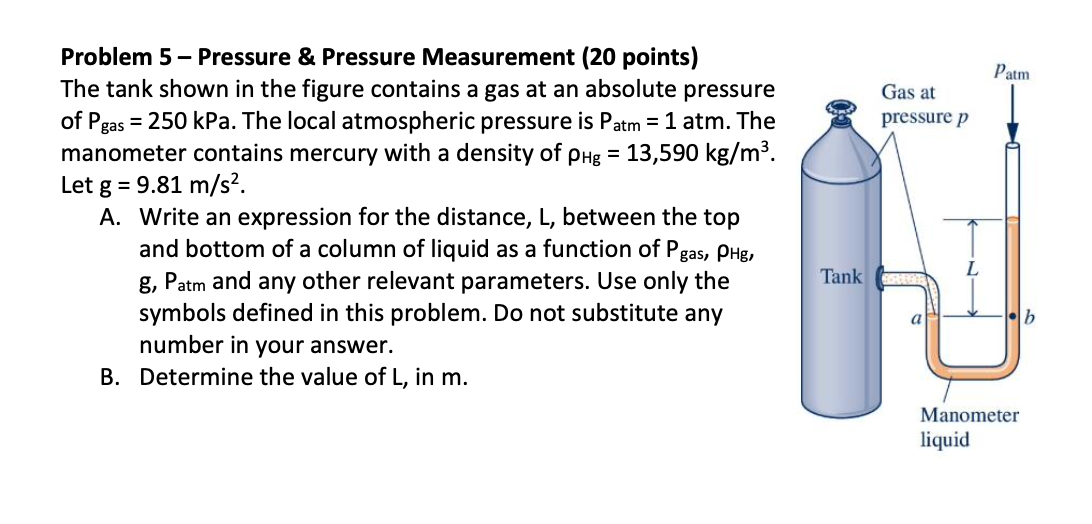 Solved Patm Gas at pressure p Problem 5 – Pressure & | Chegg.com