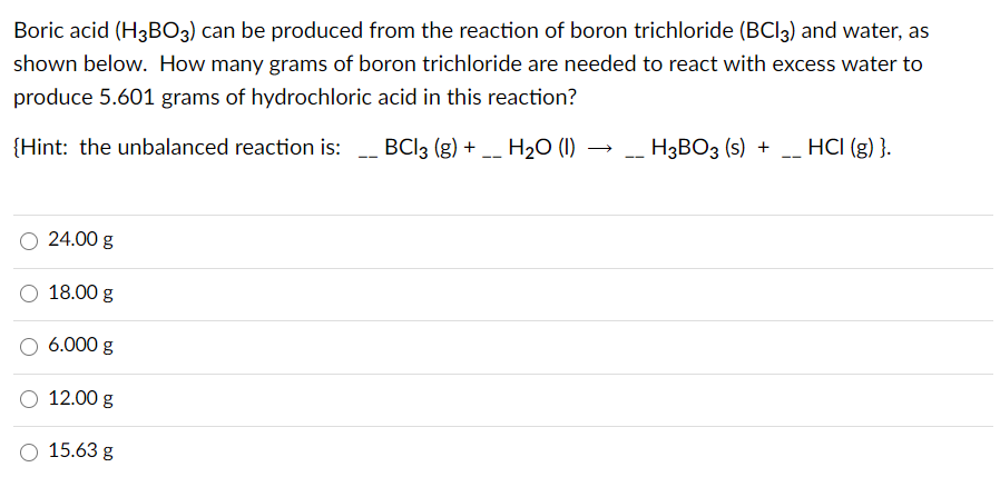 Solved Boric acid (H3B03) can be produced from the reaction | Chegg.com
