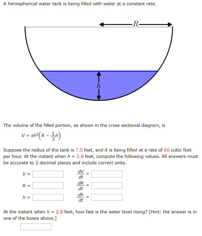 Solved A hemispherical water tank is being filled with water | Chegg.com