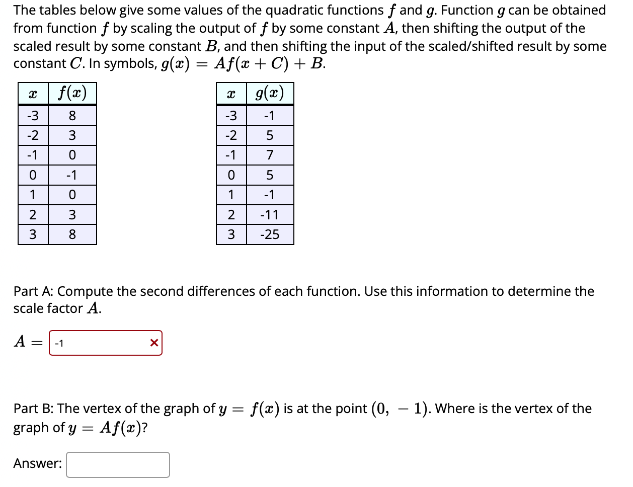 Solved The tables below give some values of the quadratic | Chegg.com
