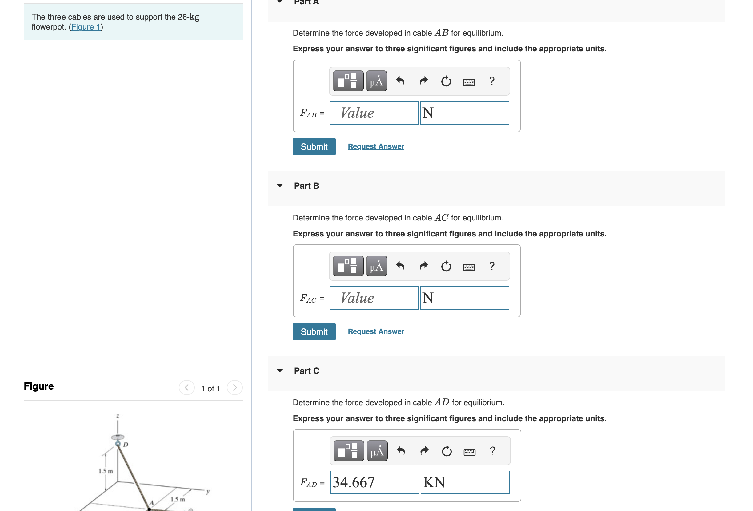 Solved The three cables are used to support the 26−kg | Chegg.com