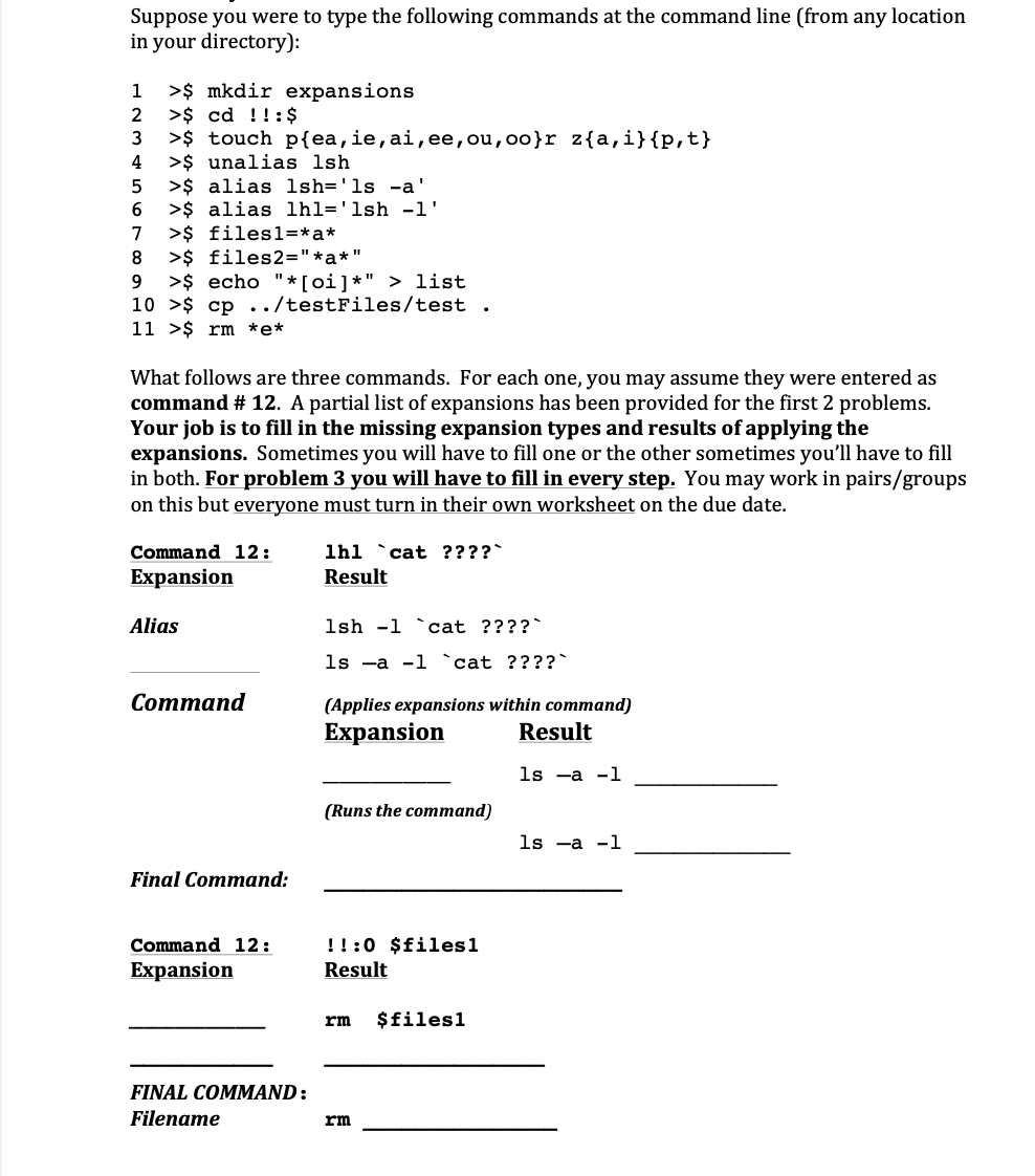 Solved Unix Shell Expansion. Going through each command in | Chegg.com