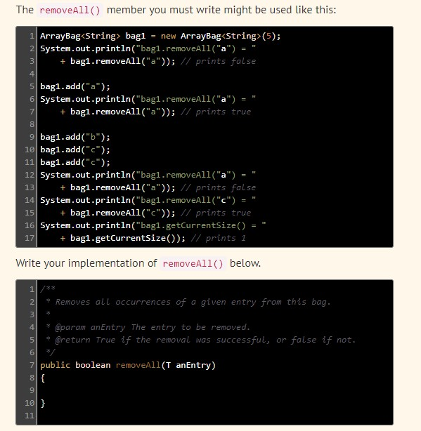Solved X301: ArravBag removeAl Write an ArrayBag code | Chegg.com