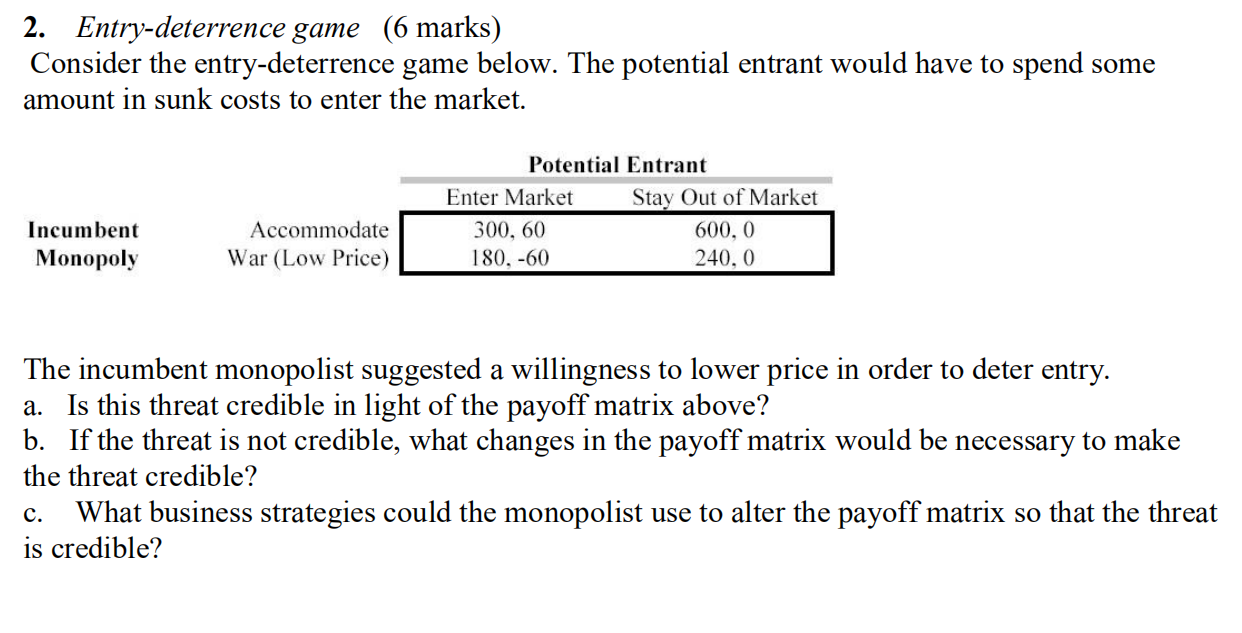 Solved 2. Entry-deterrence game (6 marks) Consider the | Chegg.com