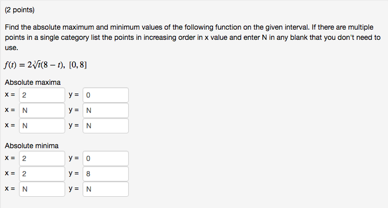 Solved (2 points) Find the absolute maximum and minimum | Chegg.com