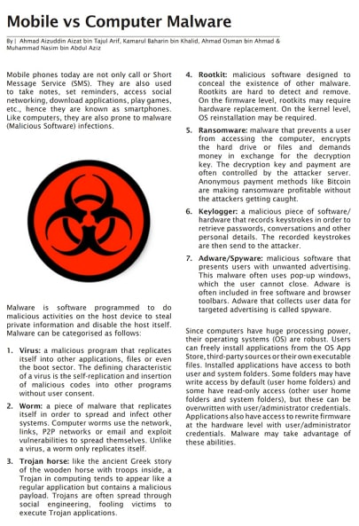 Solved Mobile vs Computer Malware Byl Ahmad Aizuddin Aizat | Chegg.com