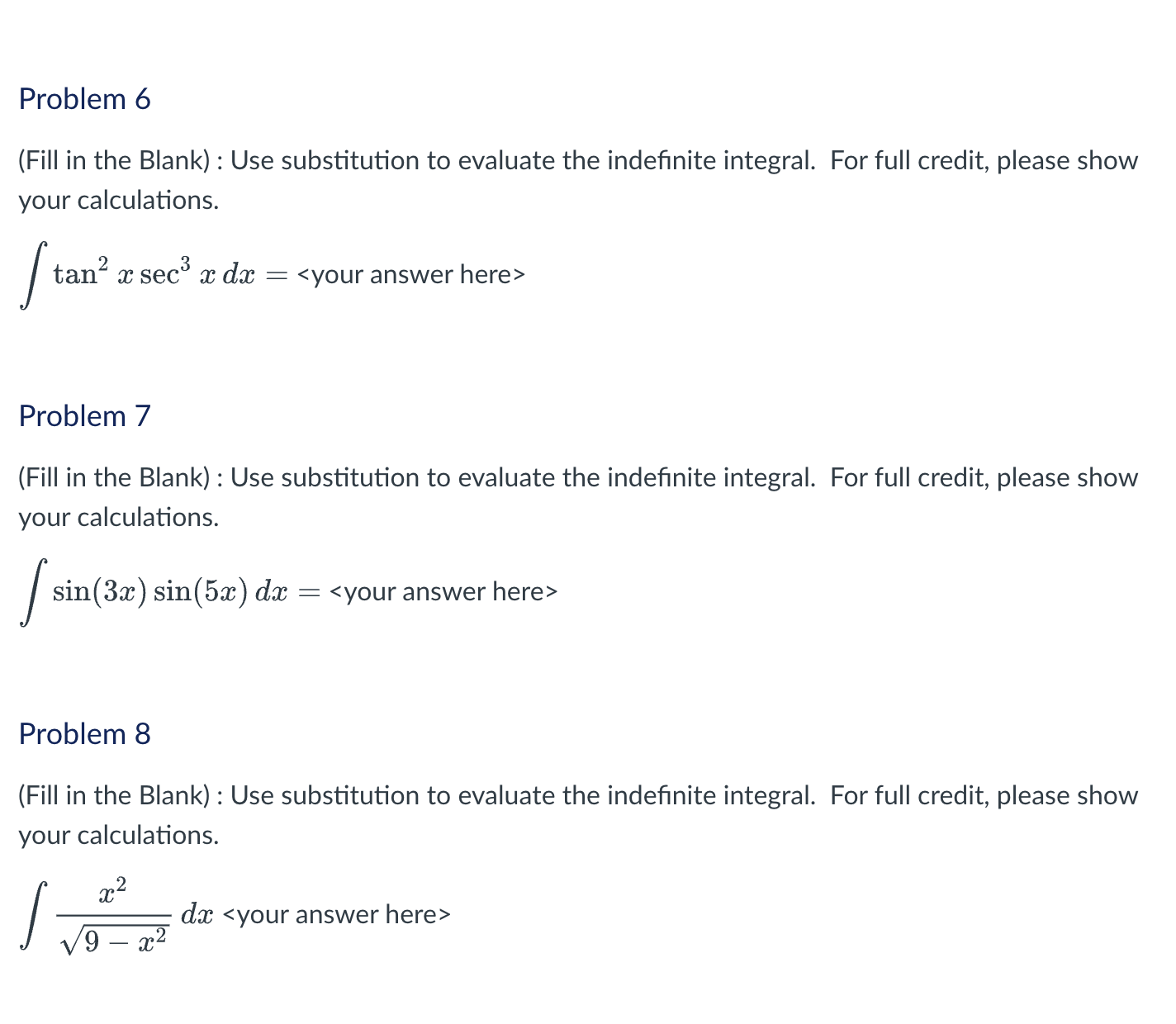 Problem 6(Fill in the Blank) ﻿: Use substitution to | Chegg.com