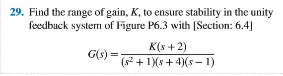 Solved 29. Find the range of gain, K, to ensure stability in | Chegg.com