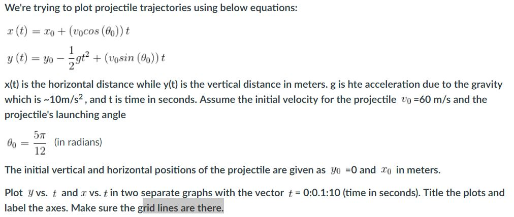 Solved We're trying to plot projectile trajectories using | Chegg.com