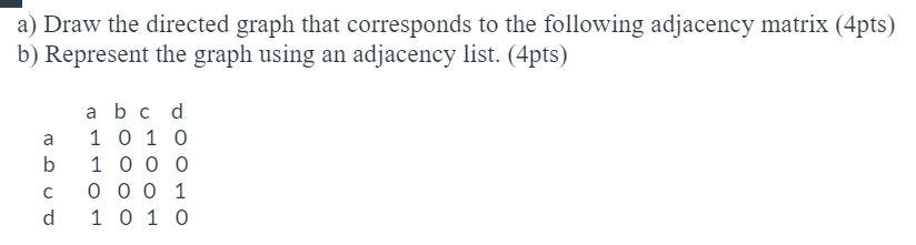 Solved a) Draw the directed graph that corresponds to the | Chegg.com