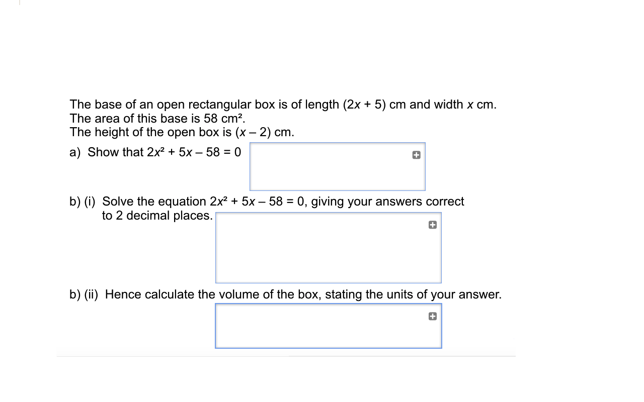 Solved The base of an open rectangular box is of length (2x | Chegg.com