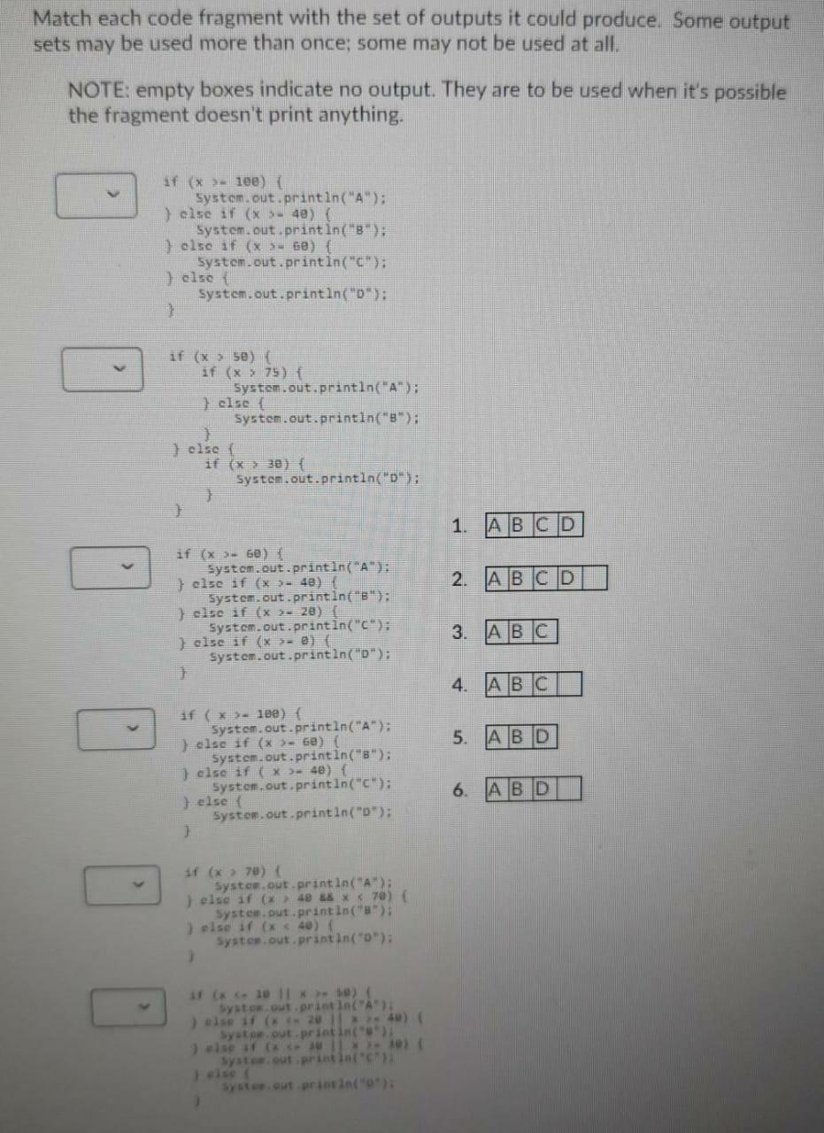 Solved Simple Java Match The Followings Match Each Code