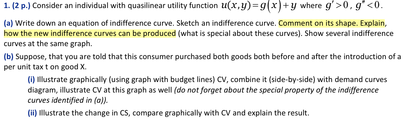 Solved 1. (2 p.) Consider an individual with quasilinear | Chegg.com