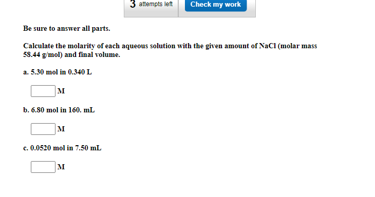 Solved Be sure to answer all parts. Calculate the molarity | Chegg.com