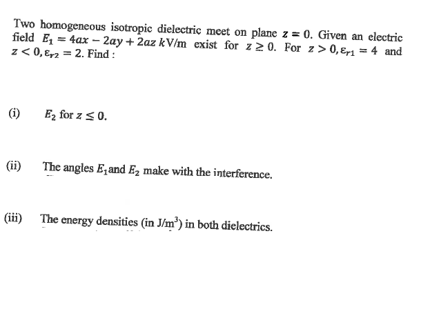 Solved Two homogeneous isotropic dielectric meet on plane | Chegg.com