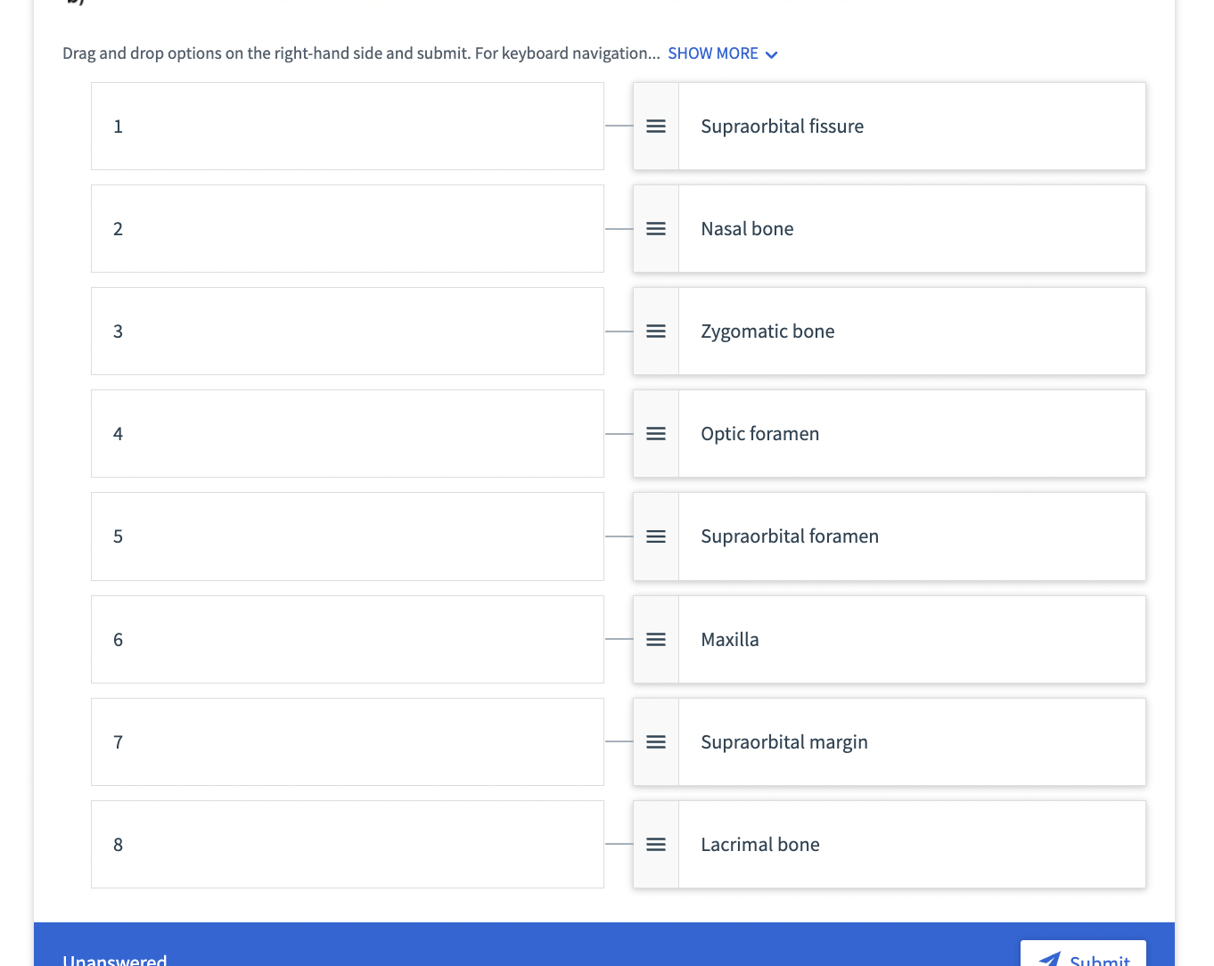 Solved b 1 Supraorbital fissure 2 Nasal bone 3 Zygomatic | Chegg.com