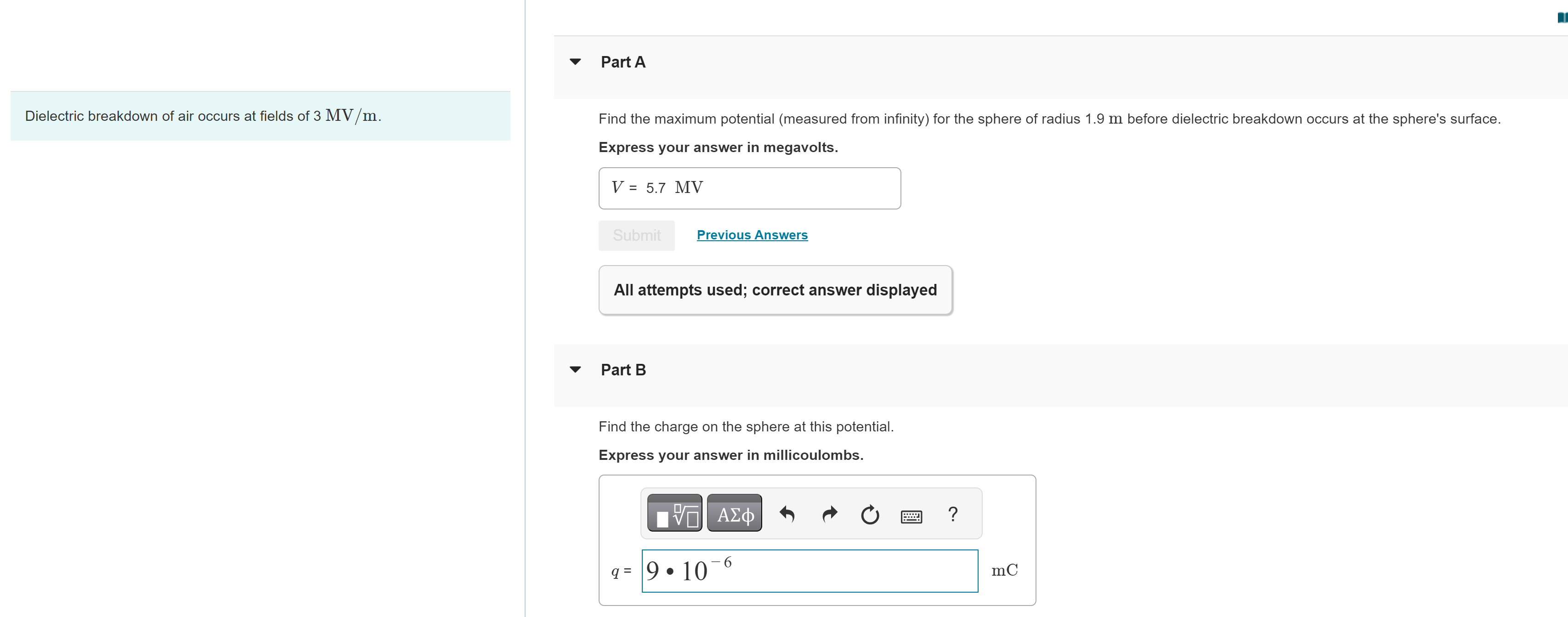 Solved Dielectric breakdown of air occurs at fields of | Chegg.com